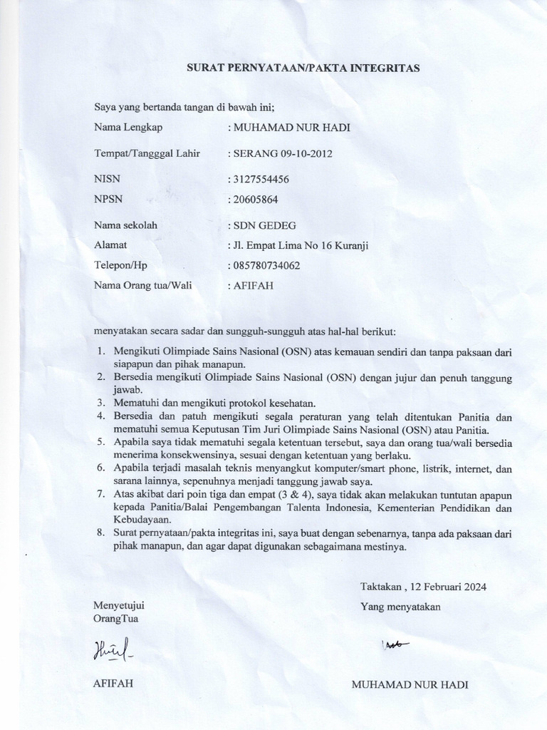 Pakta Muhamad Nur Hadi | PDF