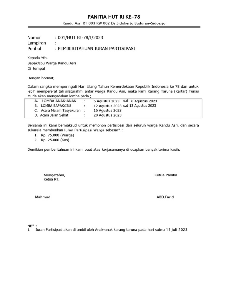 Surat Pemberitahuan Iuran Warga | PDF