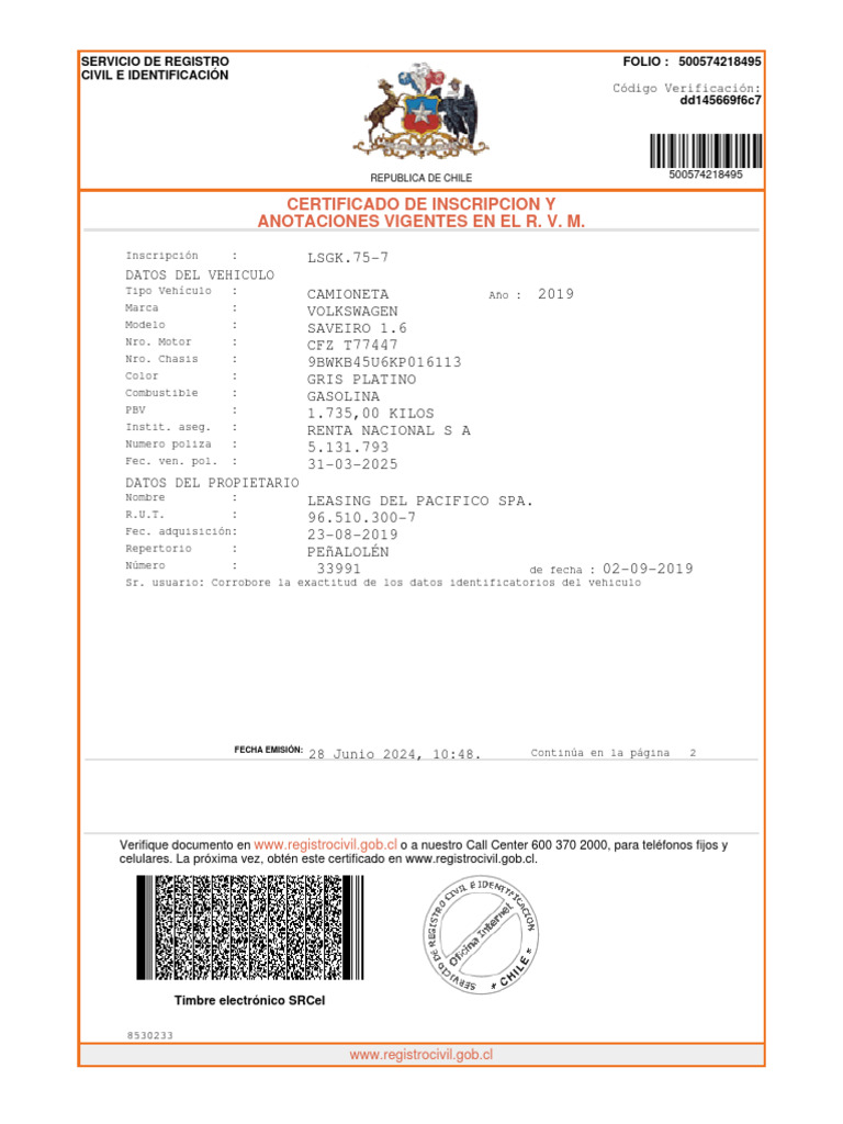 Certificado de Inscripción Vehicular Chile | PDF | Vehículos terrestres ...