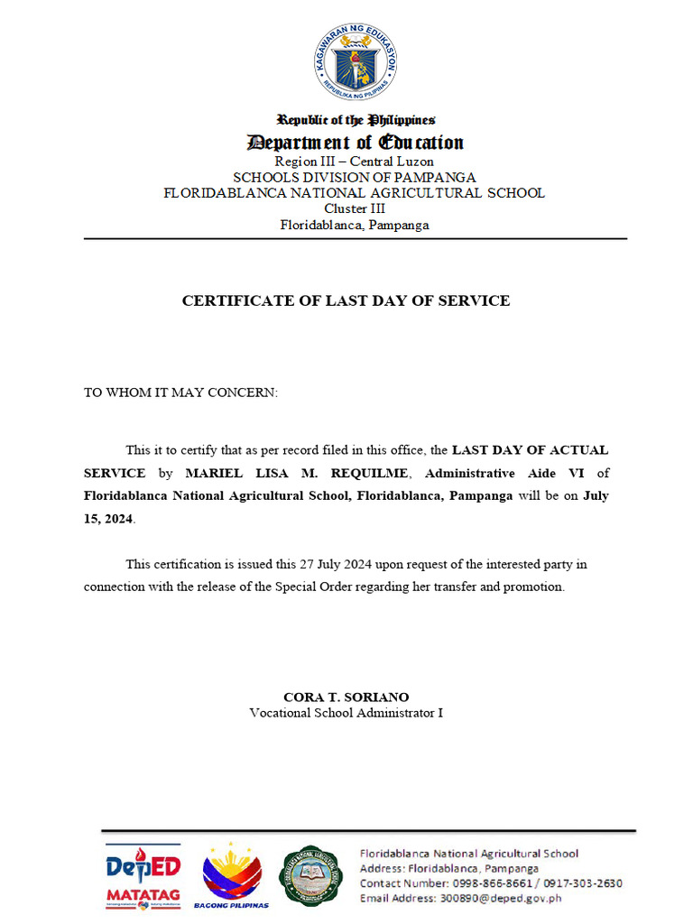 Certificate of Last Day of Service | PDF
