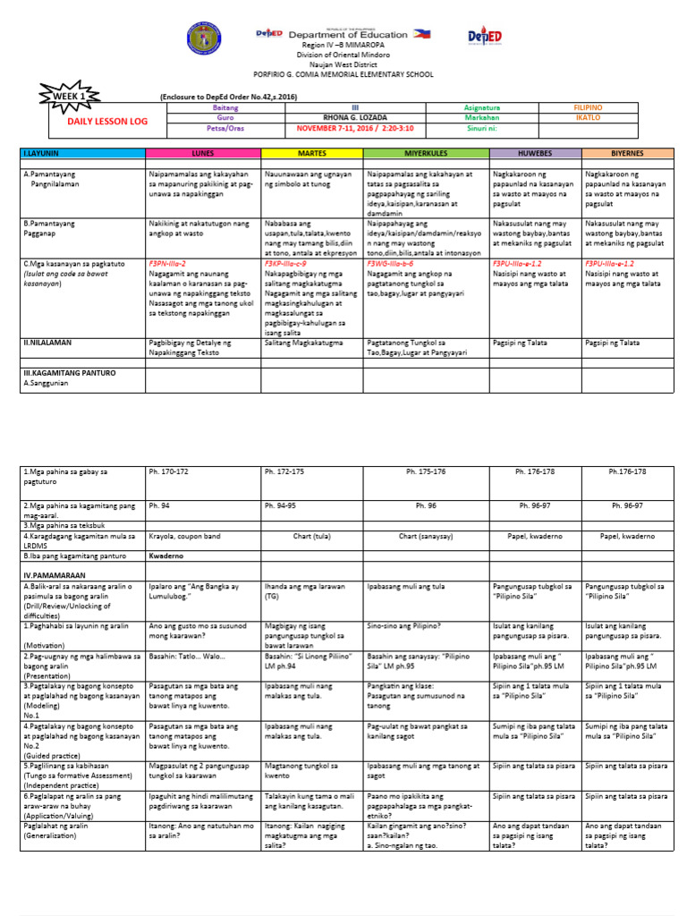Filipino Grade 3 DLL, Q3 Week 1 | PDF