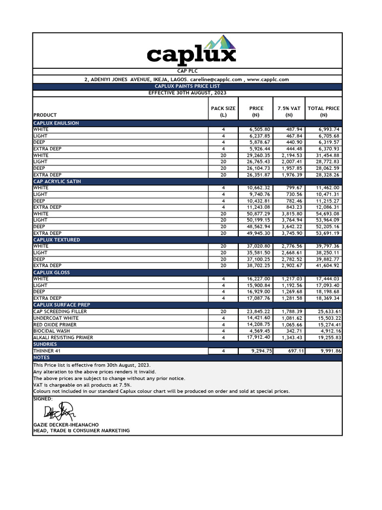 Caplux Pricelist - Effective 30th Aug 2023 | PDF | Industrial Processes ...