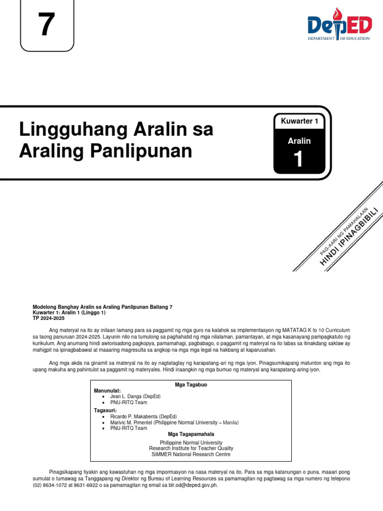 Q1 - LE - Araling Panlipunan 7 - Lesson 1 - Week 1 | PDF