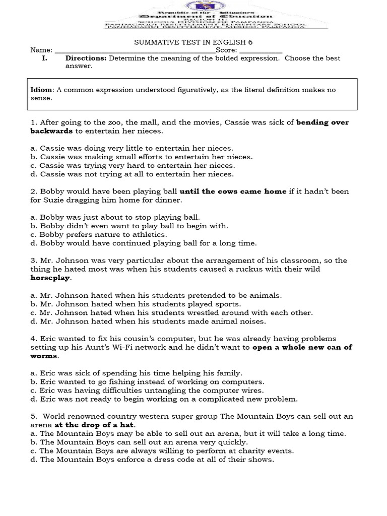 English 6 Summative Test on Idioms | PDF | Language Arts & Discipline ...