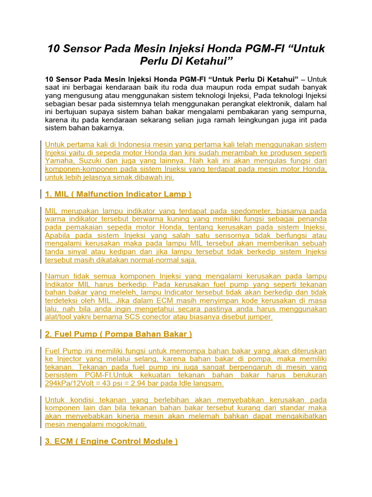 10 Sensor Pada Mesin Injeksi Honda PGM | PDF