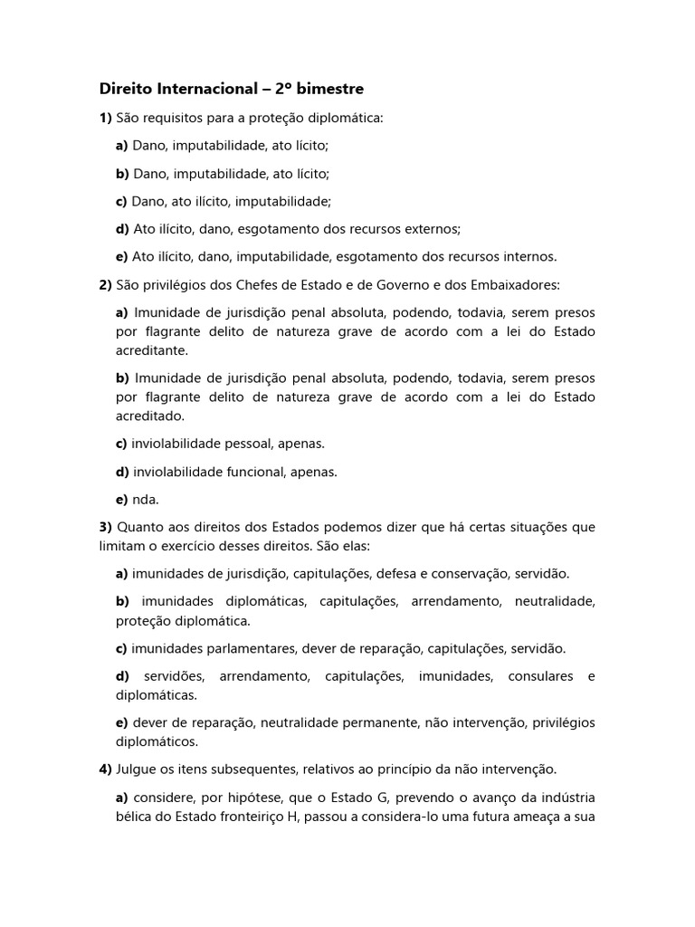 Prova de Direito Interncional Segundo Bimestre | PDF | Tratado | Direito Internacional