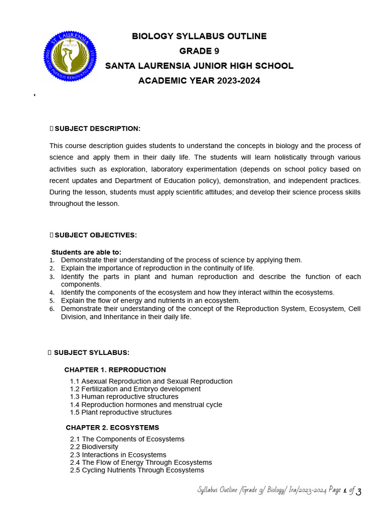 Grade 9 Biology Syllabus 2023-24 | PDF | Reproduction | Genetics