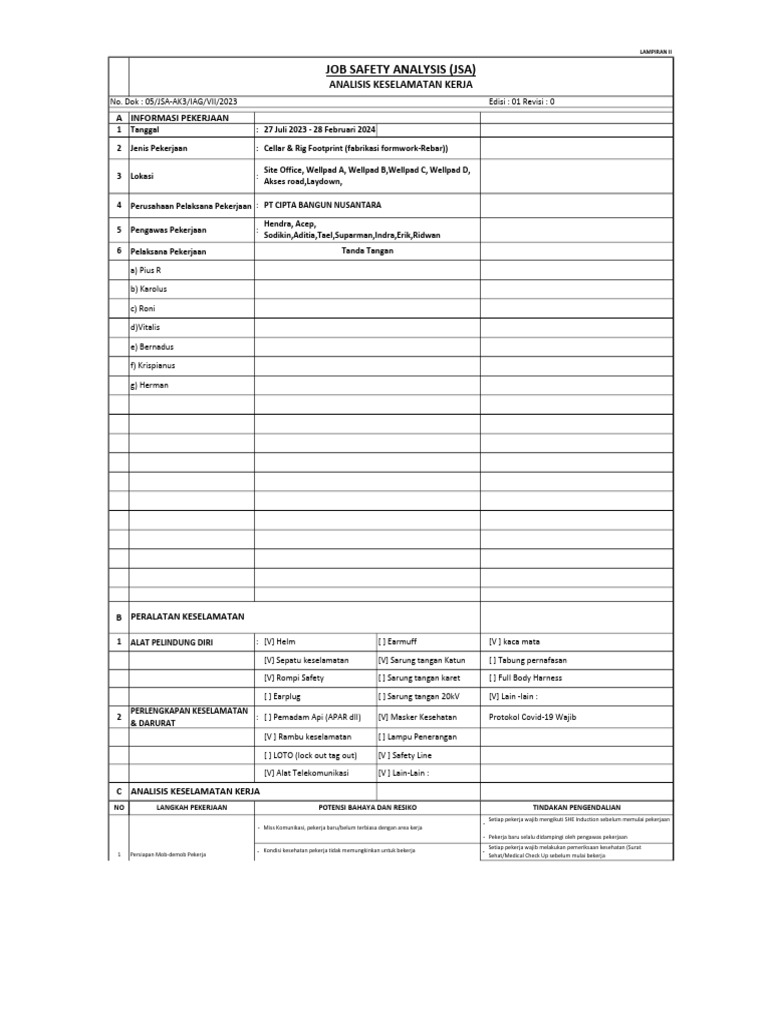 JSA Pembuatan Cellar & Rig Foot Print | PDF