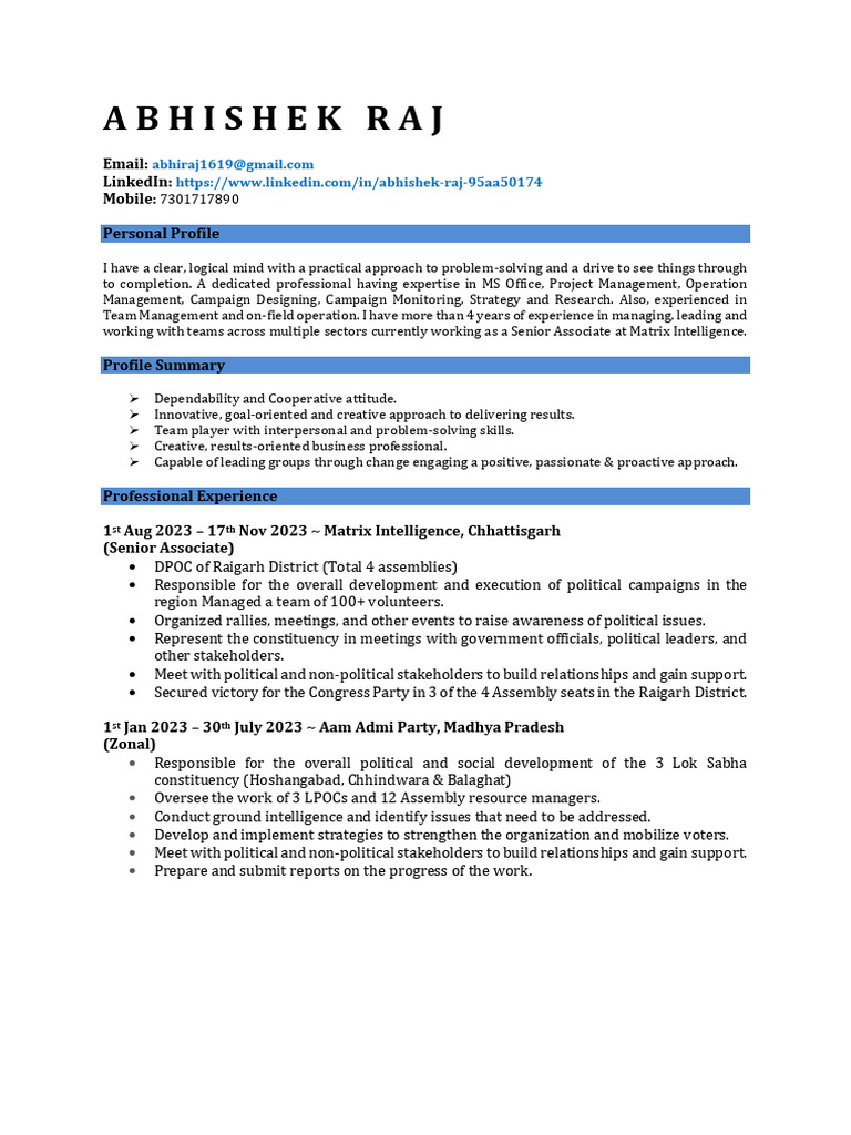 CV - Abhishek Raj | PDF | Career & Growth
