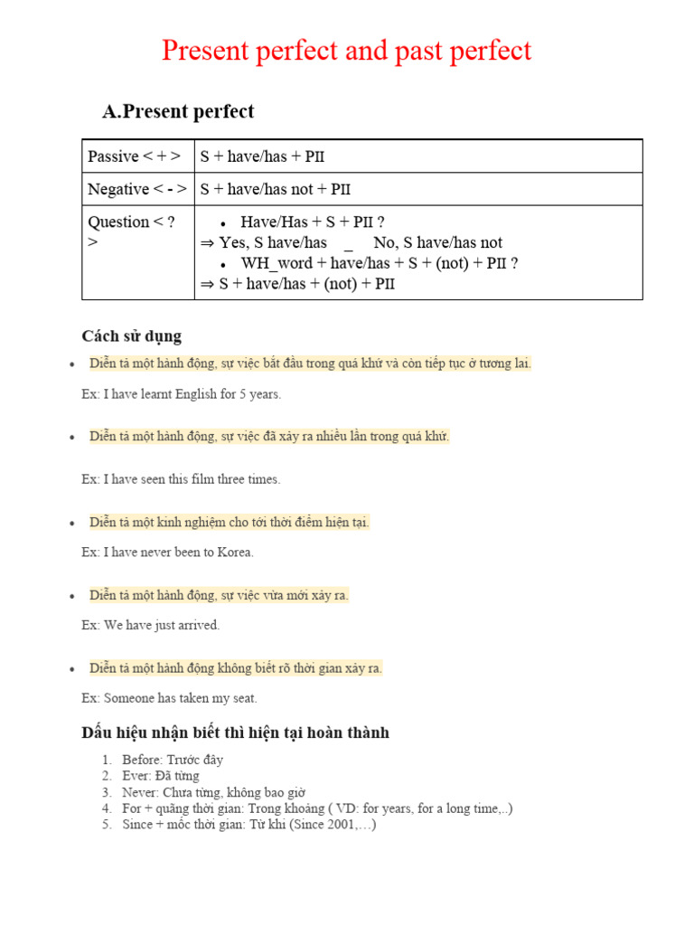 Present Perfect and Past Perfect | PDF