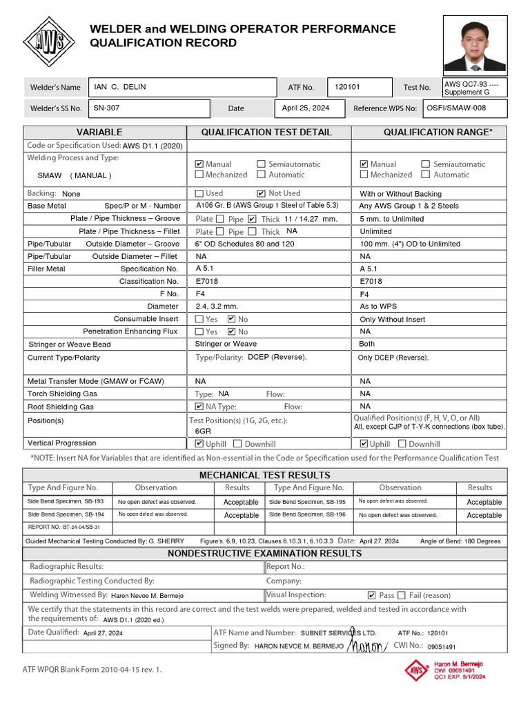 Welder Qualification Record 6G Certification | PDF | Pipe (Fluid ...