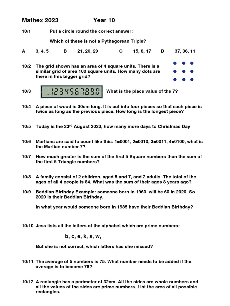 Mathex Questions Year 10 2023 final for printing | PDF | Area | Number ...