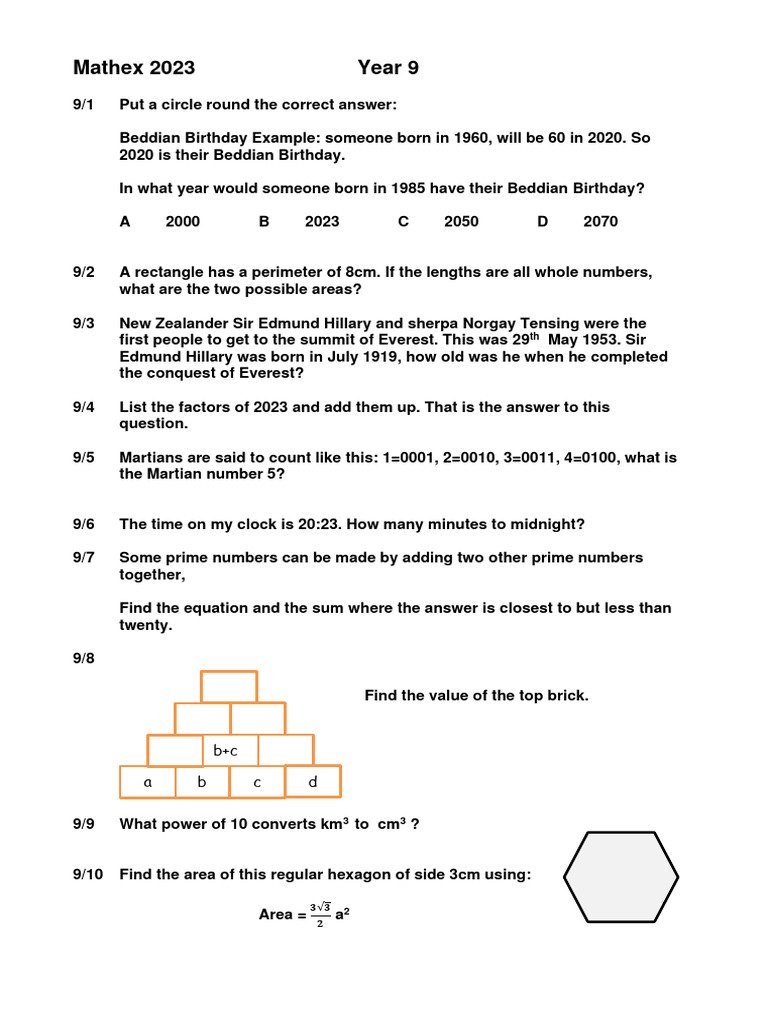 Mathex Questions Year 9 2023 Final For Printing | PDF | Area ...