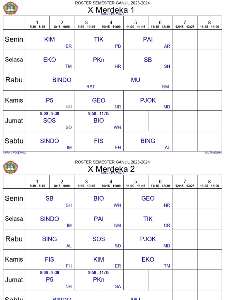 Roster Kelas Semester Ganjil 2023-2024 Darurat | PDF