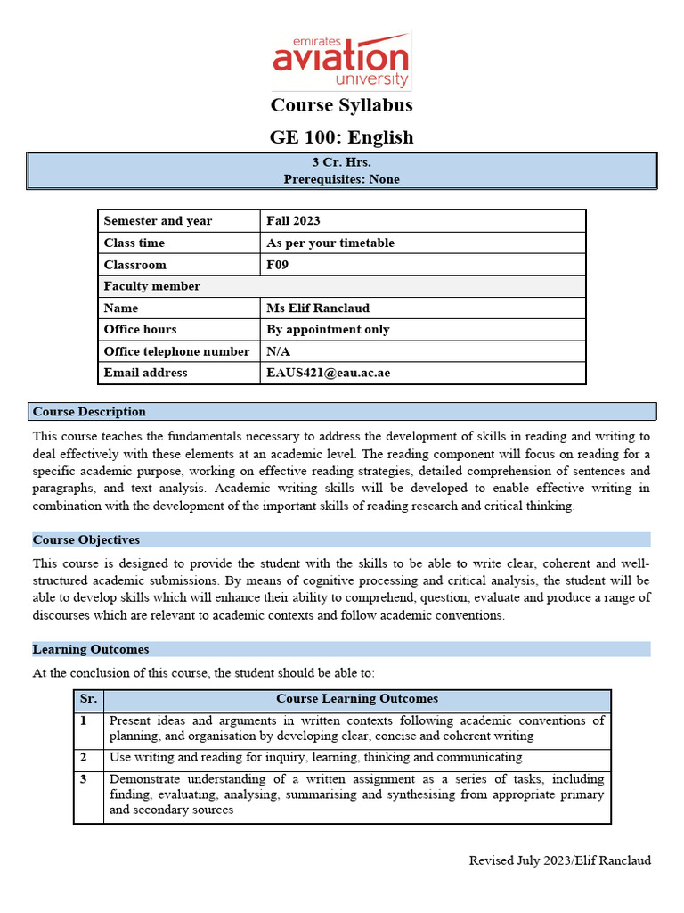 GE 100 English Fall 2023 | PDF | Essays | Critical Thinking