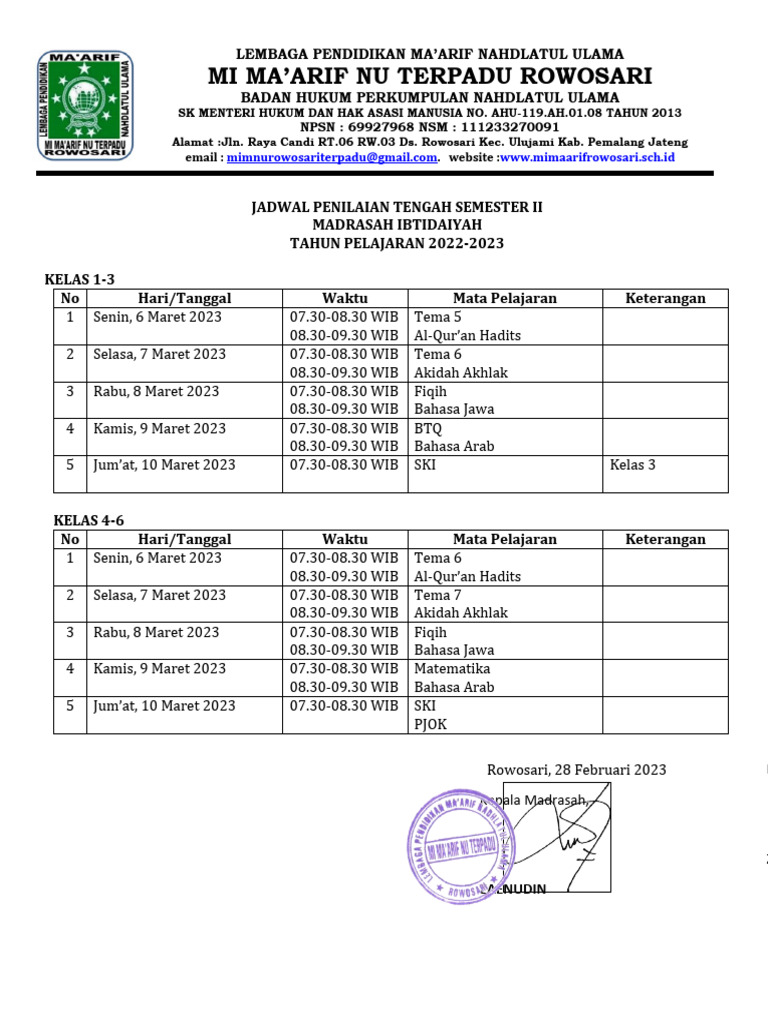 Jadwal PTS Ii 2022-2023 | PDF