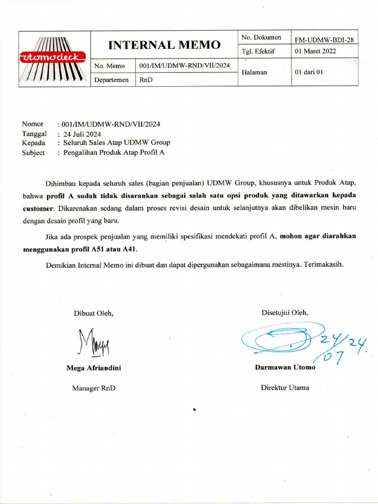 Internal Memo - Pengalihan Produk Profil A | PDF