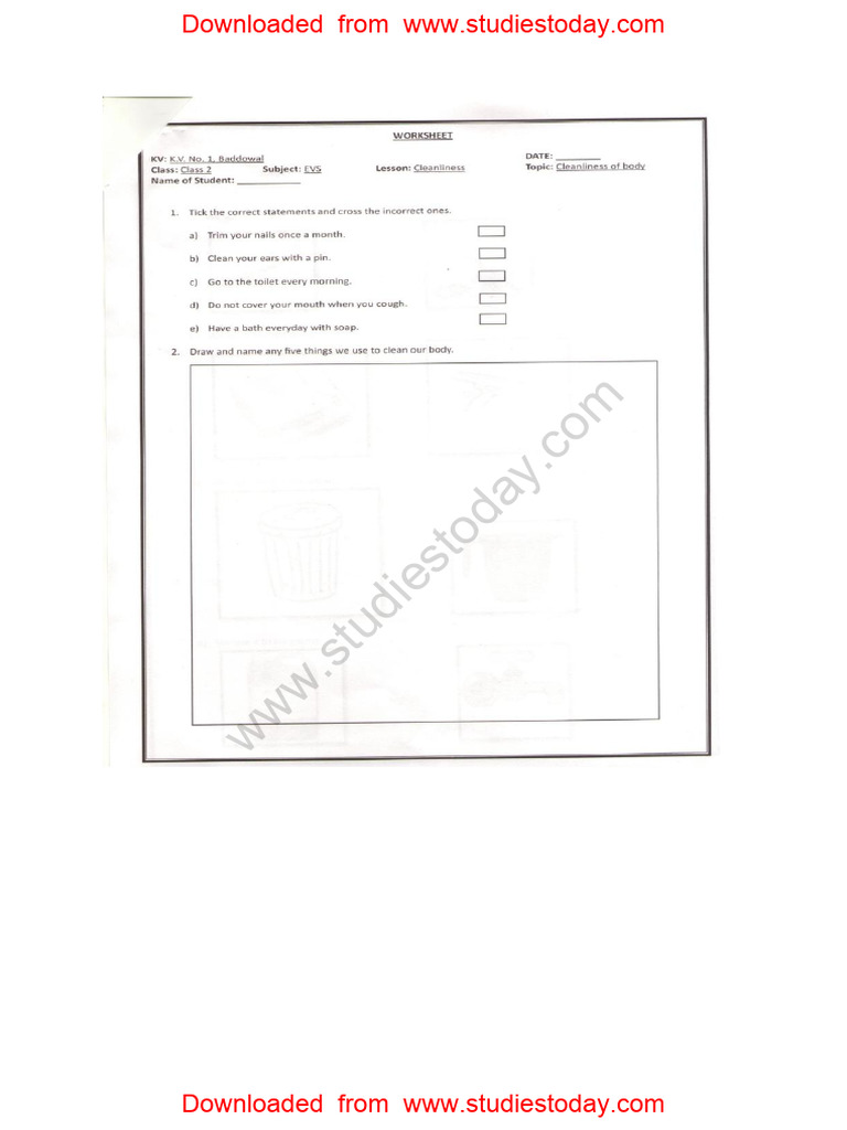 CBSE Class 2 EVS Practice Worksheets (28) - Cleanliness | PDF