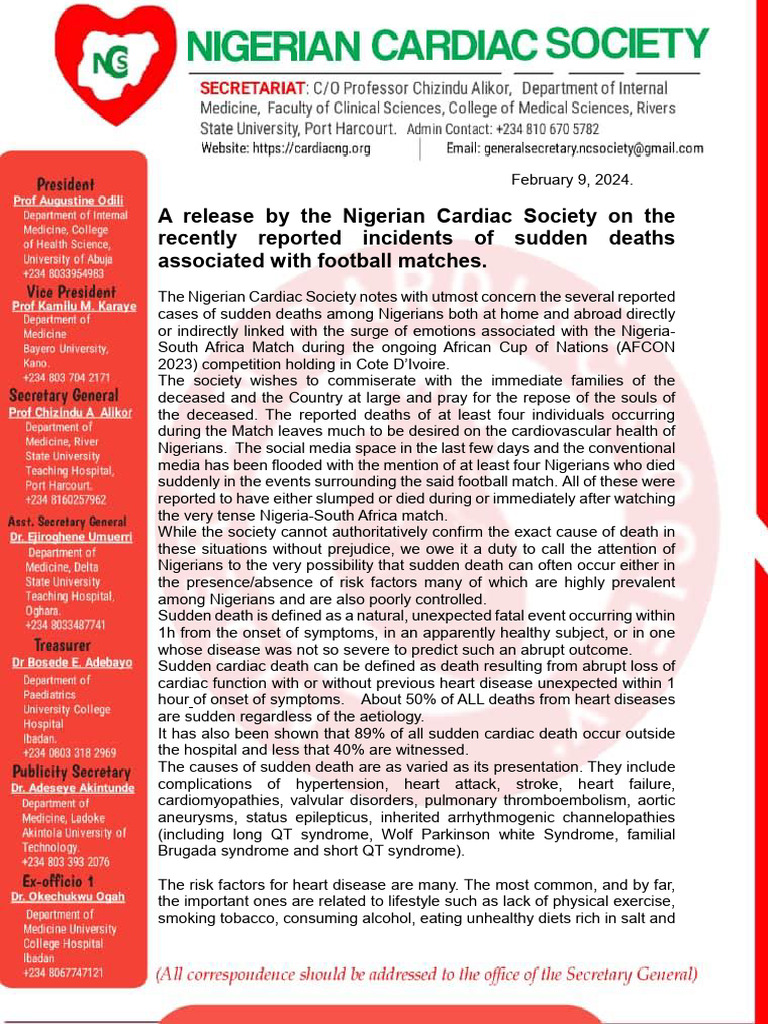 NCS - Release On Sudden Death Incident Associated With Football Matches ...