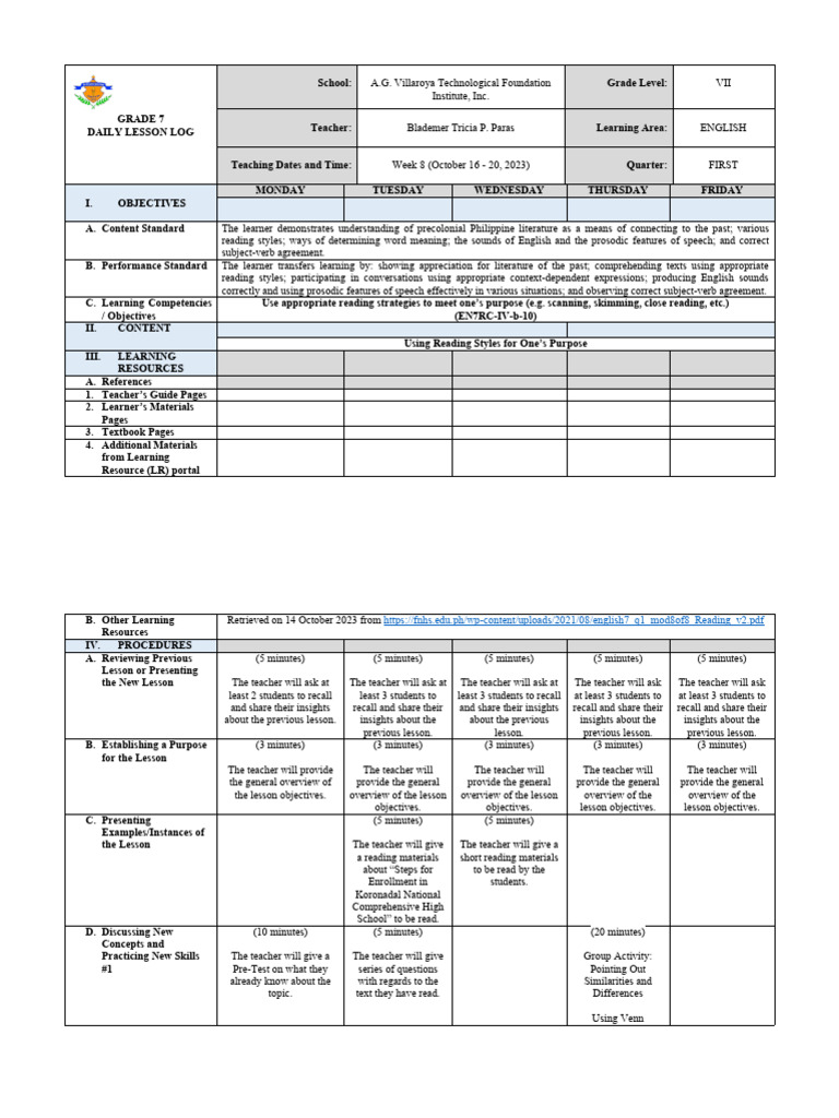Grade 7 - Week 8 (English) | PDF | Speed Reading | Learning