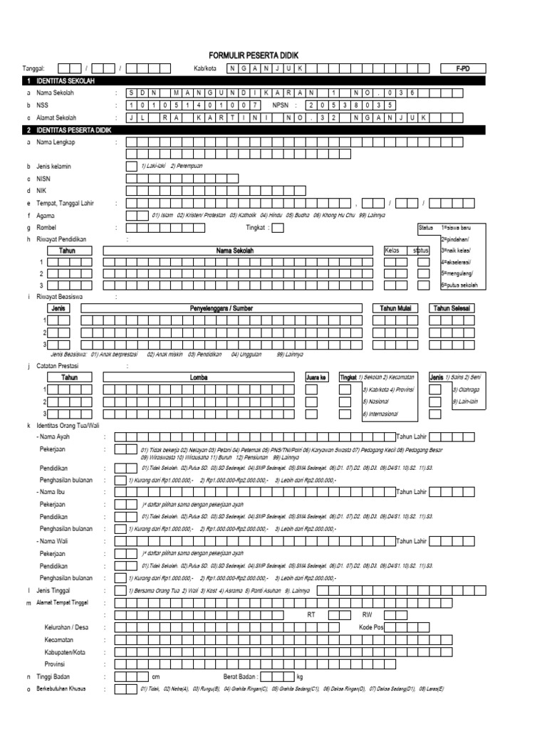 Formulir Peserta Didik | PDF