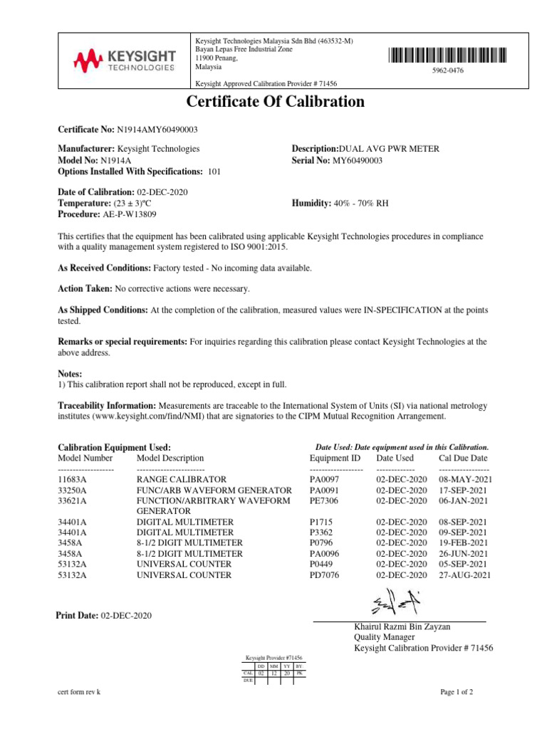 Keysight Calibration Certificate N1914AMY60490003 | PDF | Calibration ...