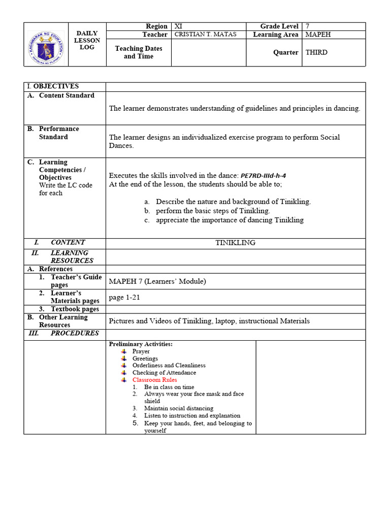 Grade 7 MAPEH: Tinikling Dance Lesson | PDF