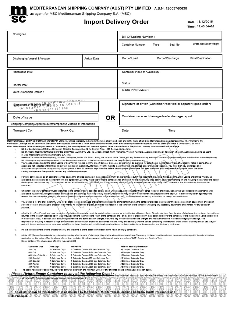 MSC Import Delivery Order Template | PDF | Bill Of Lading | Cargo