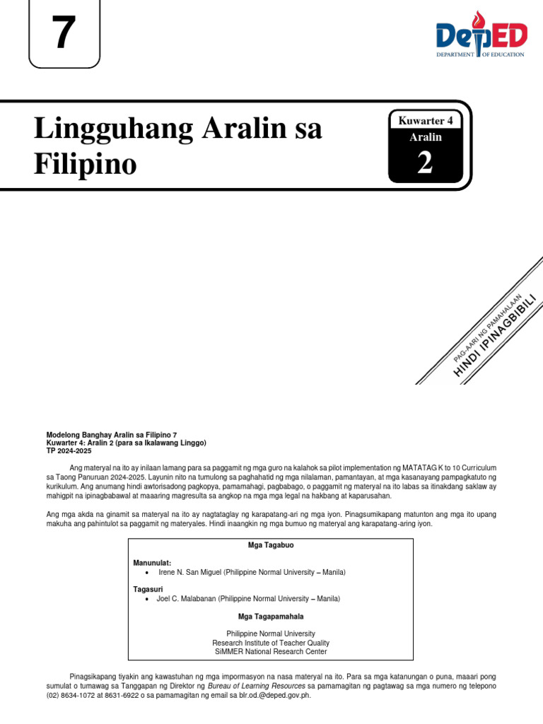 LE - Q4 - Filipino7 - Lesson 2 - Week 2 | PDF