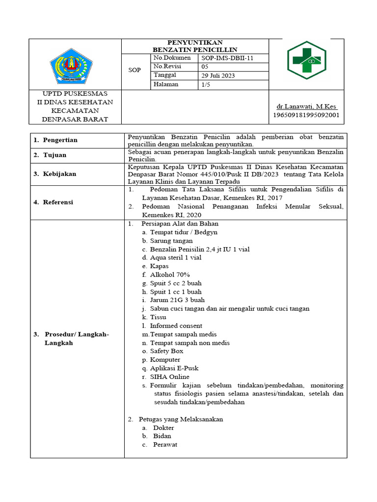 Prosedur Penyuntikan Benzatin Penicillin | PDF
