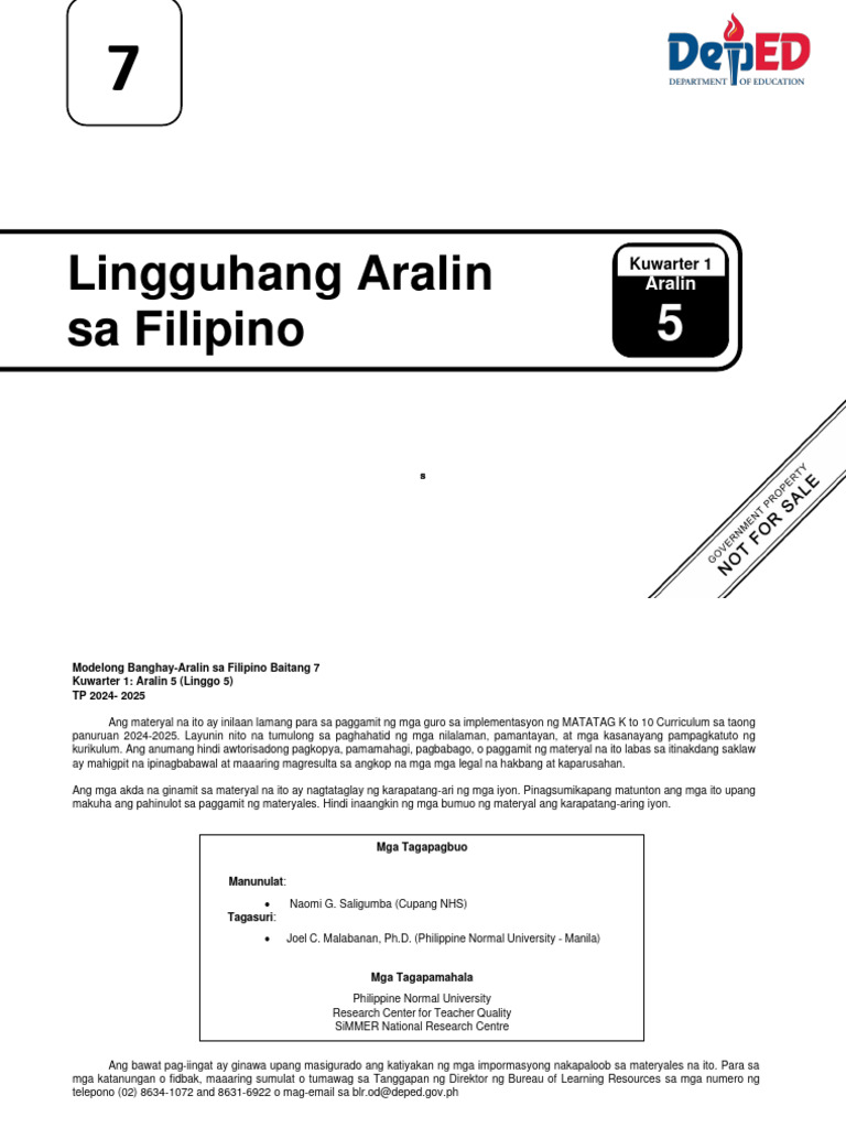 LE Q1 Filipino 7 Lesson 5 Week 5 | PDF