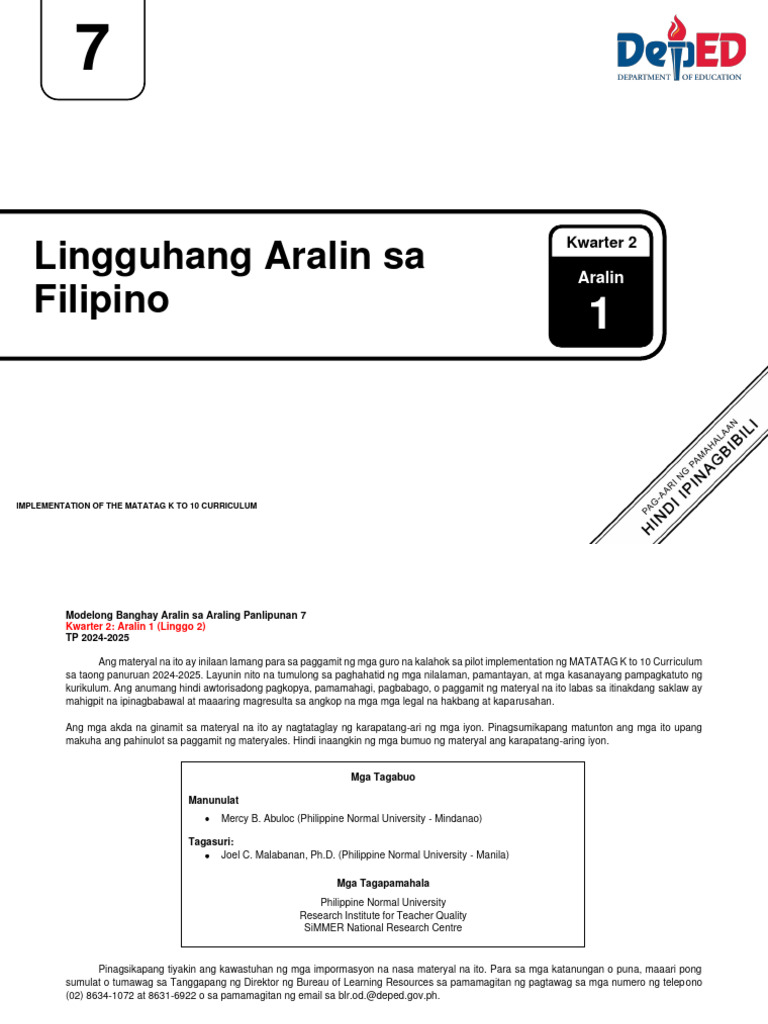 LE_Q2_Filipino 7_Lesson 1 Week 2 | PDF