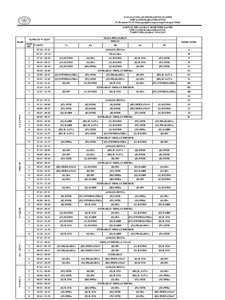 Jadwal Pelajaran Sem Ganjil Ta 2024-2025 | PDF