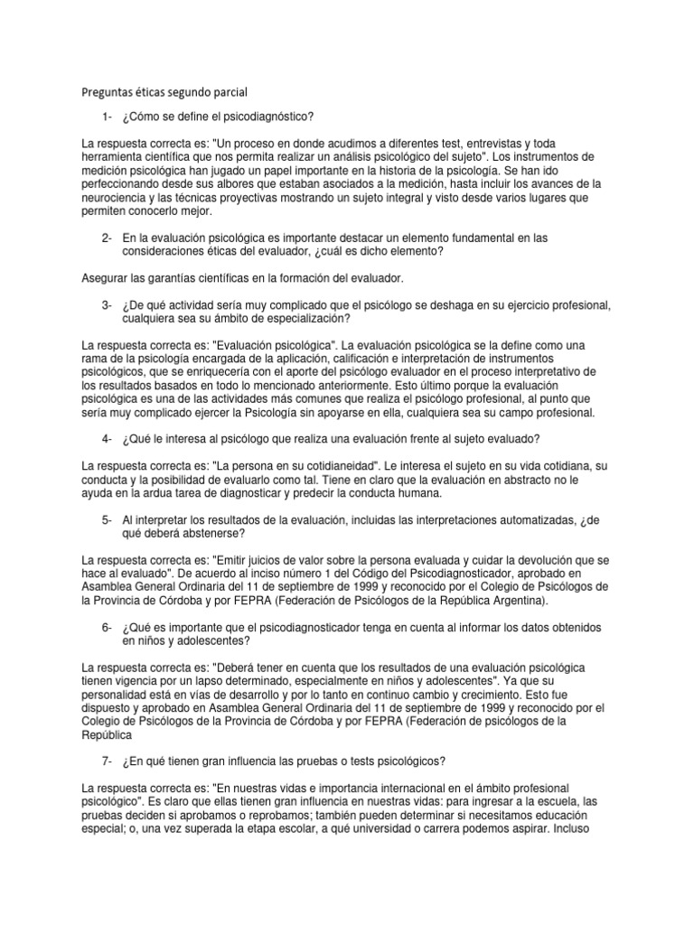 Preguntas Éticas Segundo Parcial | PDF | Sicología | Psicoterapia