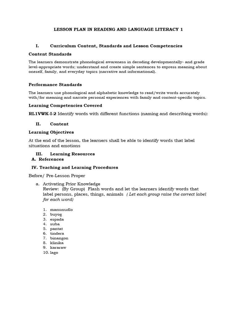 Lesson Plan in Reading and Literacy 1 | PDF