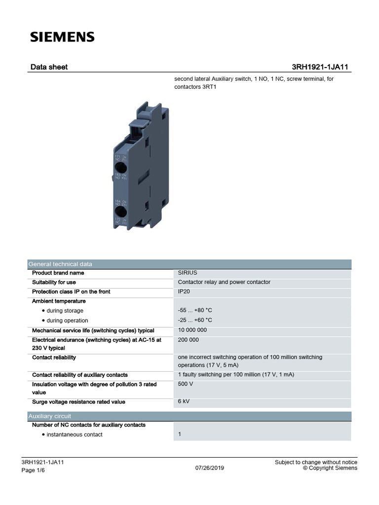 3RH19211JA11 Datasheet en | PDF | Relay | Equipment