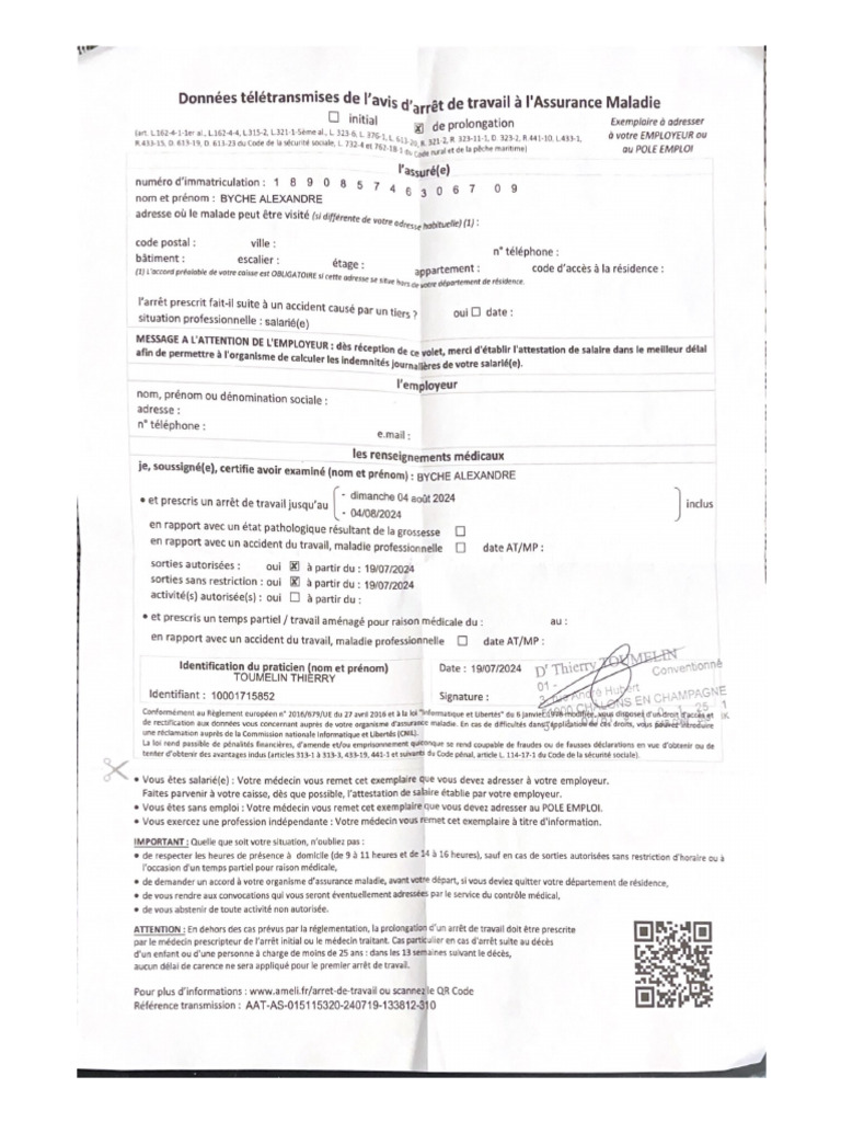 Données Télétransmises de L'avis D'arrêt de Travail À L'assurance ...