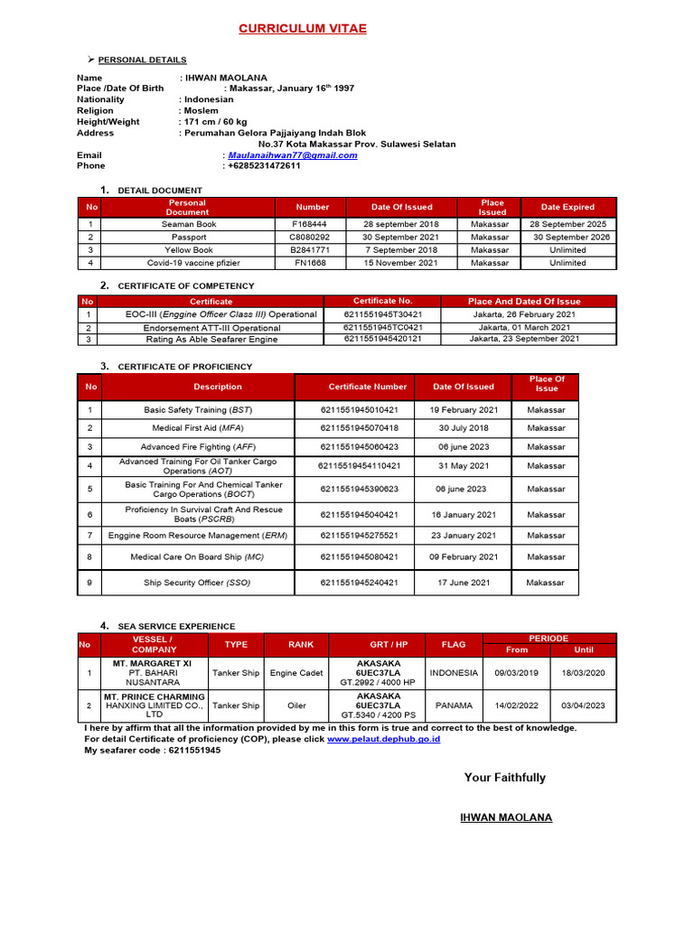 Curriculum Vitae: No Personal Document Number Date of Issued Place Issued Date Expired | PDF ...