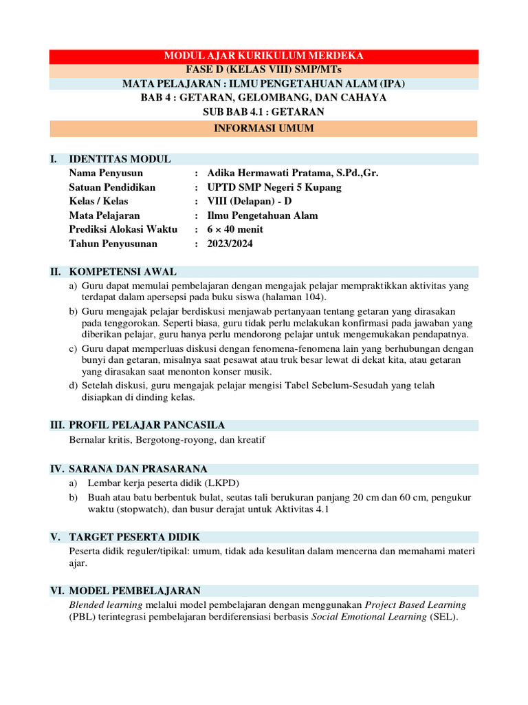 Modul Ajar - Getaran Gelombang Dan Cahaya - Kelas 8 | PDF