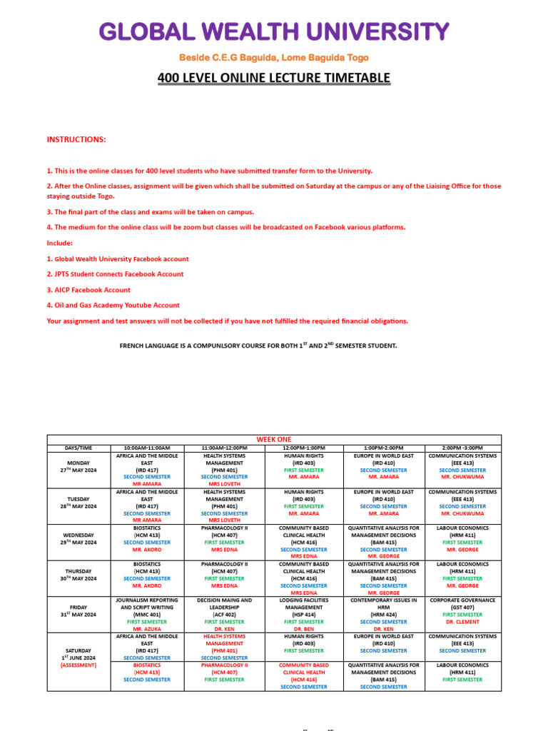 400 Level Online Lecture Timetable | PDF
