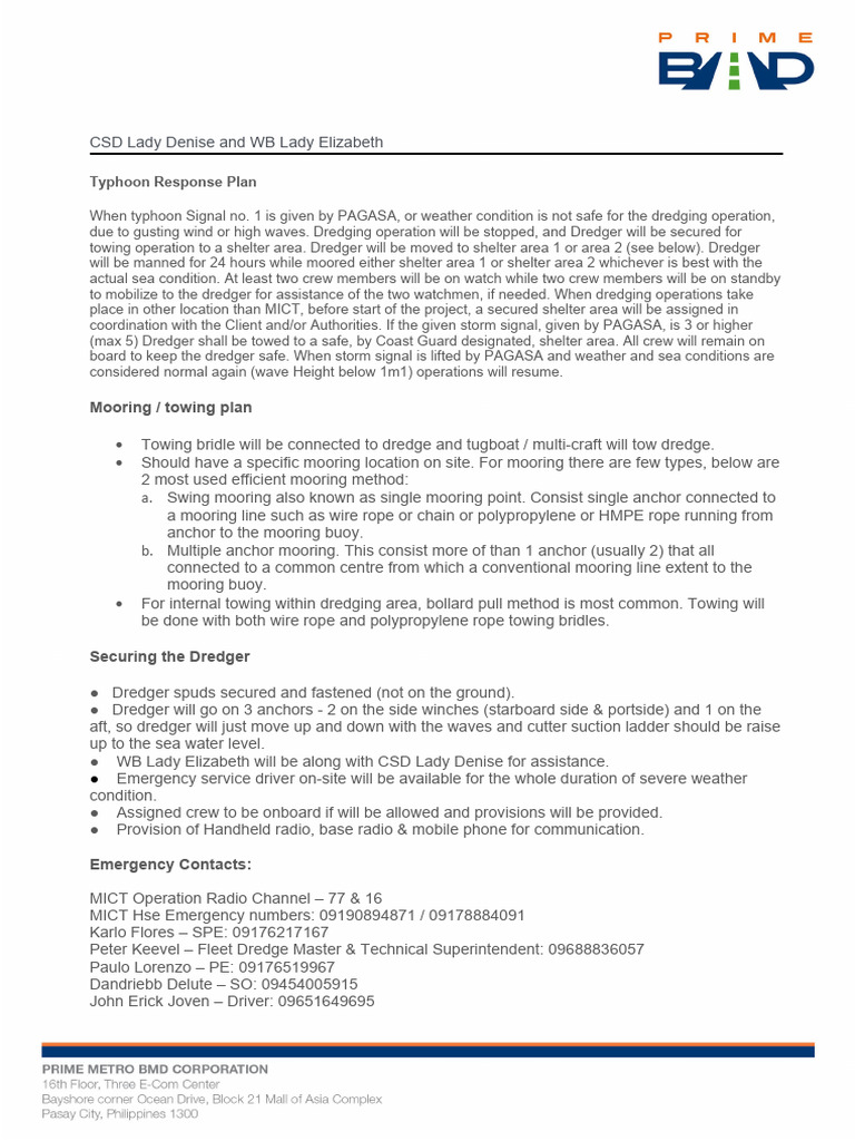 Typhoon Response Plan - MICT Dredging Project | PDF | Dredging | Anchor