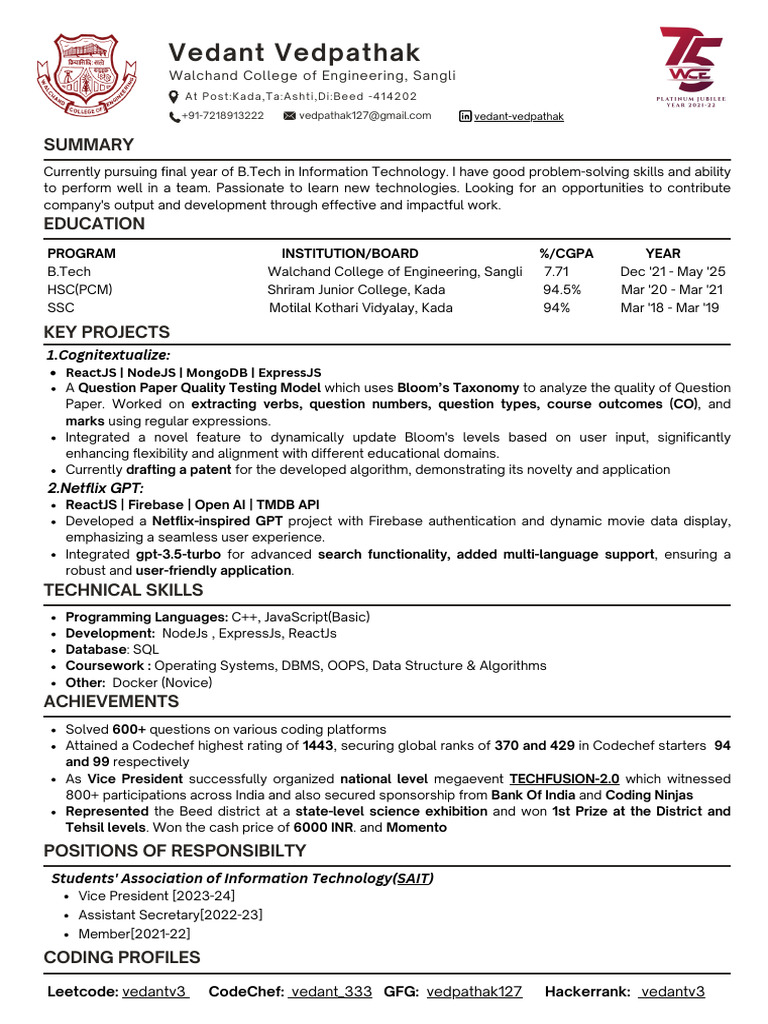Vedant Vedpathak IT CV | PDF | Databases | Computer Science