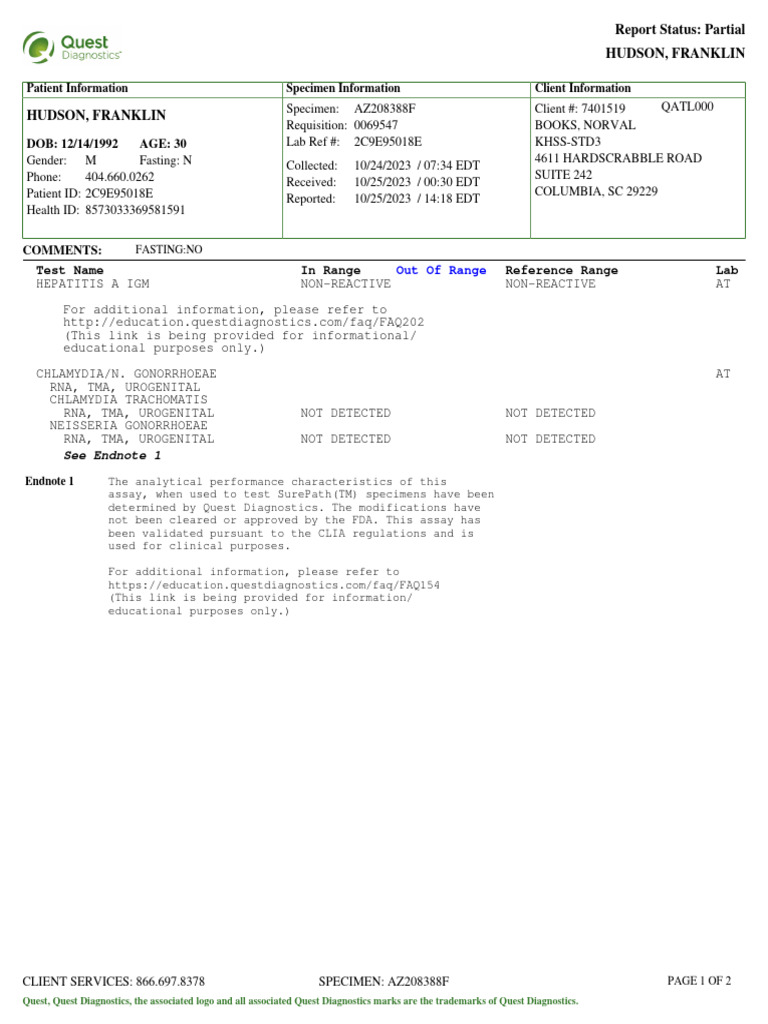 STD Test Results Oct. 24, 2023 | PDF | Hiv | Infection