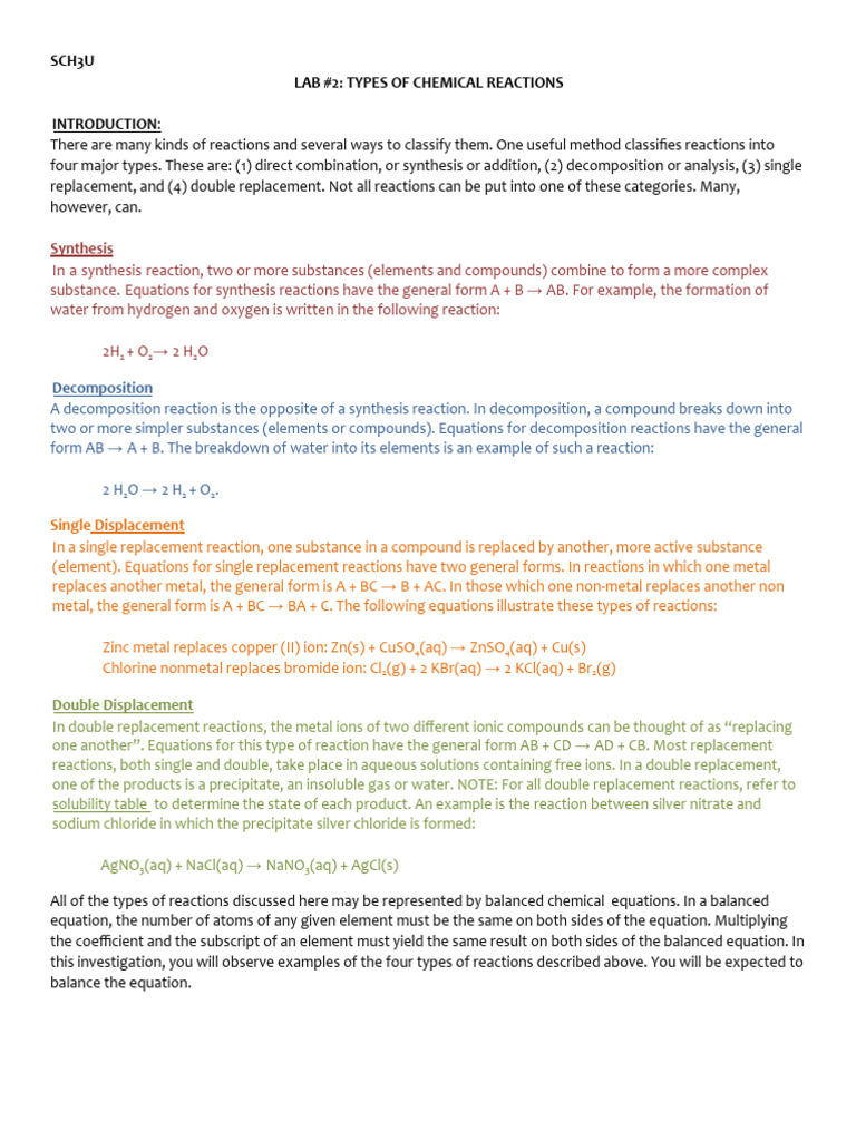 Joshua Rambishuns Copy of SCH3U Chemical Reactions Virtual Lab | PDF ...