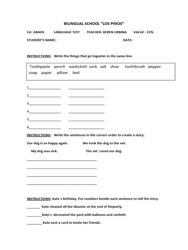 1st Grade Language Test for Bilingual Students | PDF | Social Science