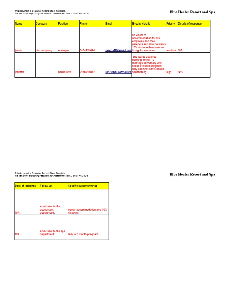 SITXCCS015 Customer Record Sheet Template.v1.0 Answer | PDF