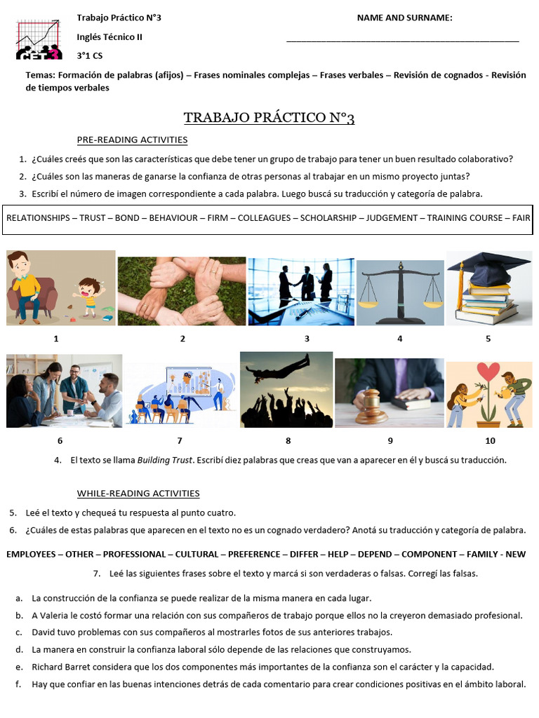 Trabajo Práctico N°3: Pre-Reading Activities | PDF | Adjetivo | Sustantivo