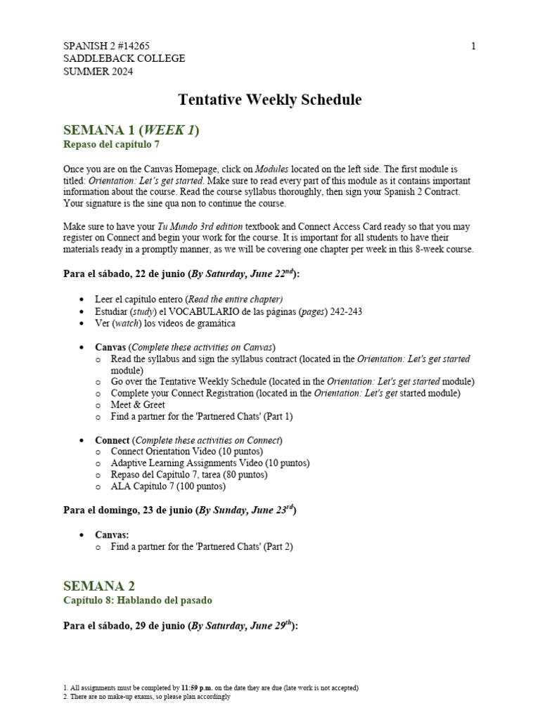 SPAN 2 Summer 2024 Tentative Weekly Schedule | PDF