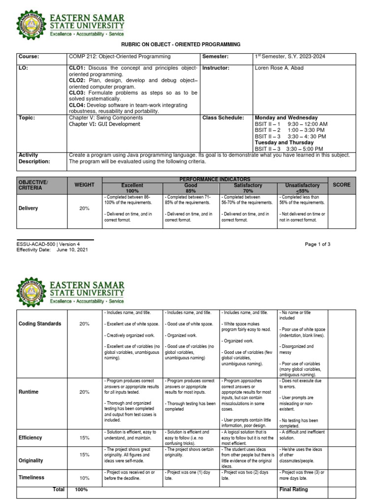 Rubric Oop 2nd Sem Sy 2022 2023 Pdf Object Oriented Programming