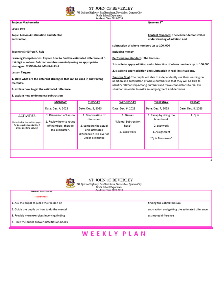 Math 2 - Week 5.2nd | PDF | Learning | Pedagogy
